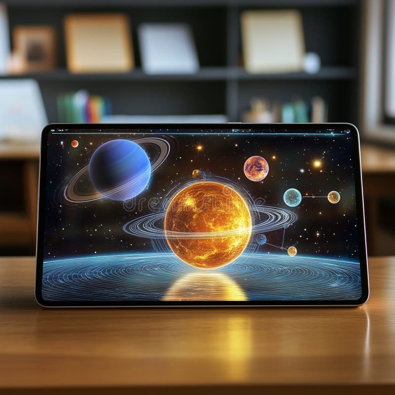 Digital Tablet Displaying a Vibrant Solar System with Planets and Stars ...