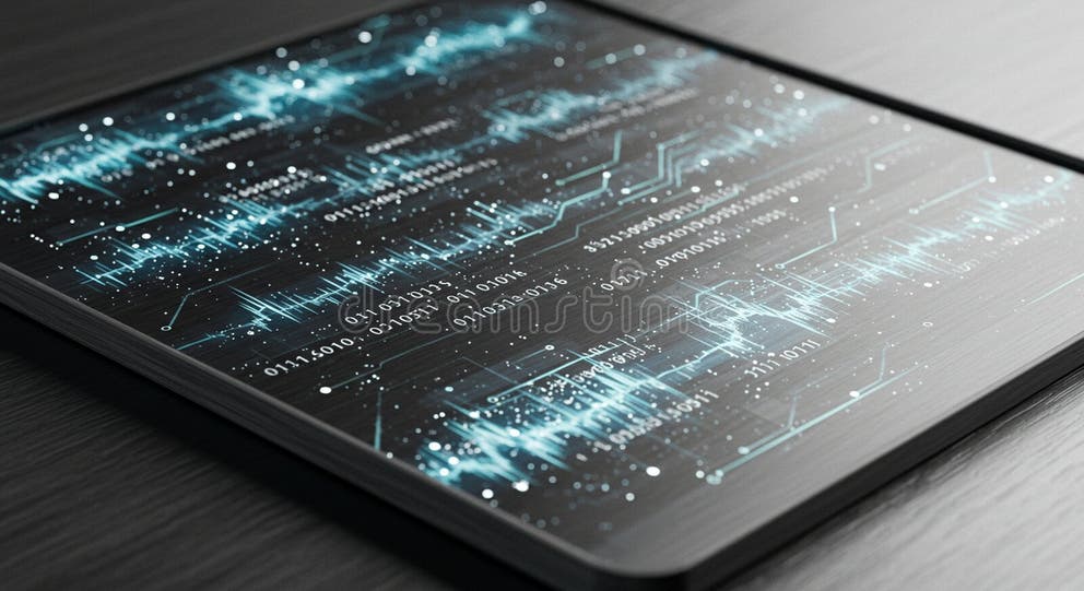A Digital Tablet Displays an Abstract Visualization of Data and Algorithms, Featuring Blue Stock ...