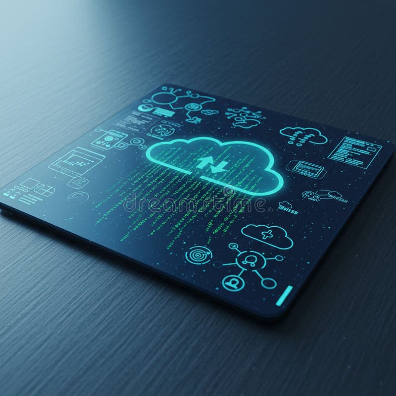 A Digital Tablet Displays a Cloud Computing Theme with Neon Blue Icons and Graphics Stock ...