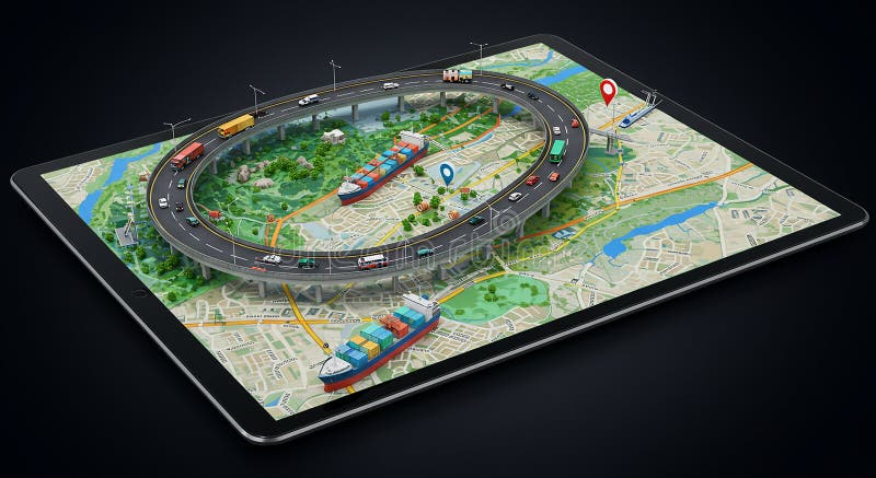 A Digital Tablet Displays a 3D Interactive Map, Featuring an Elevated ...
