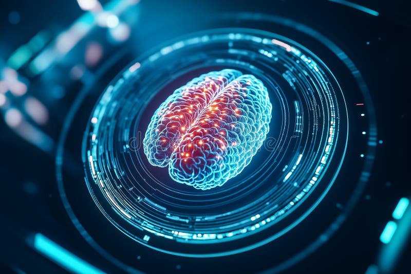 A Digital Tablet Displays a Glowing Brain with Intricate Patterns ...