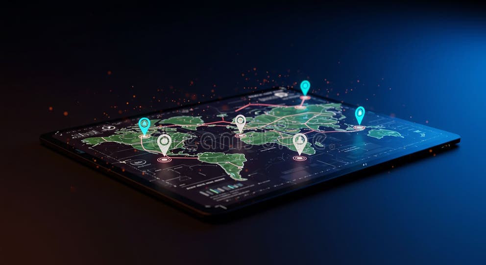 A Digital Tablet Displays a Glowing Map Interface with Highlighted ...