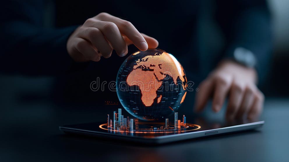 Digital Tablet Displays Holographic Globe with Glowing Map Showcasing ...