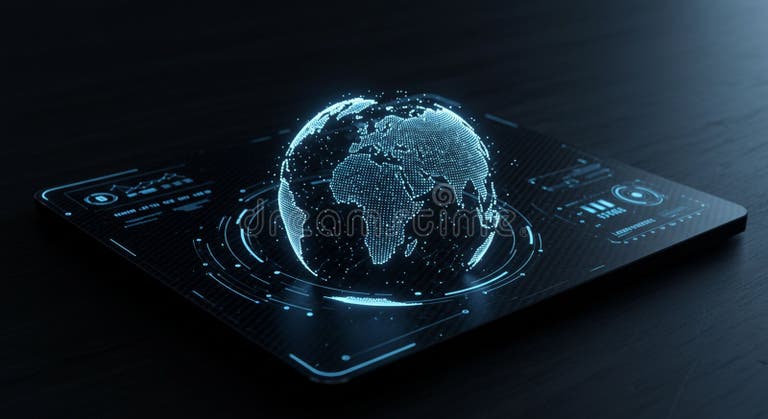 A Digital Tablet Displays a Holographic Globe with Visible Continents ...