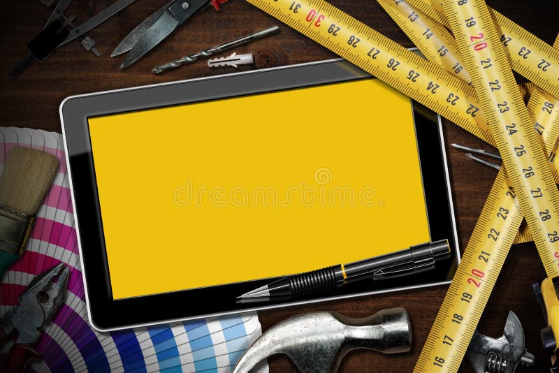 Digital Tablet and DIY Work Tools - Home Improvement Concept Stock ...