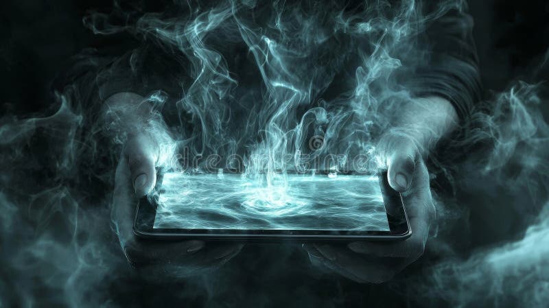 The Digital Tablet Emits Streams of Holographic Data, while Hands ...