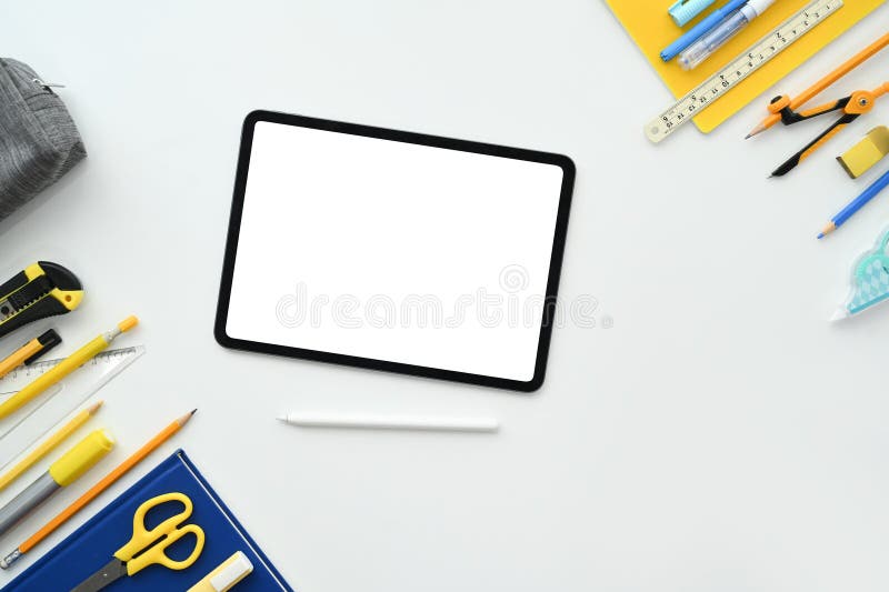 Digital Tablet with Empty Screen and School Supplies on White ...
