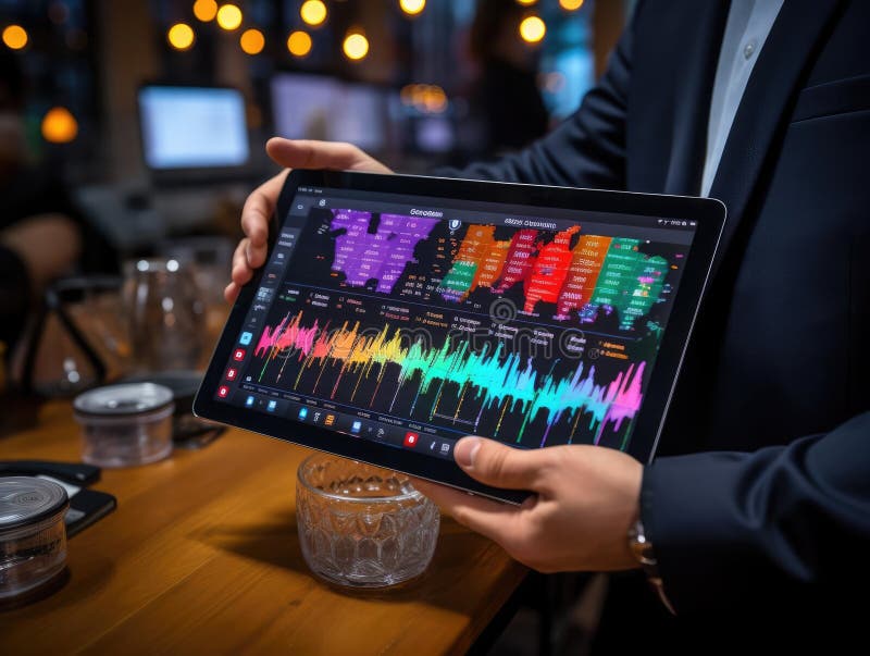 Digital Tablet with Financial Data Display and Buzzing Backdrop Stock ...