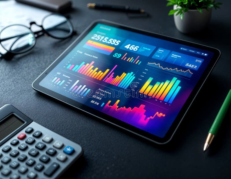 Digital Tablet with Financial Data on the Screen and Calculator with ...