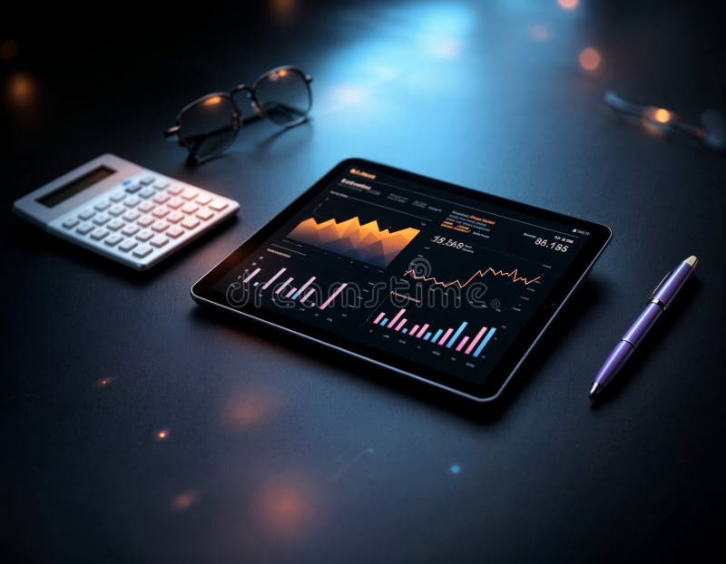Digital Tablet with Financial Data on the Screen and Calculator with ...