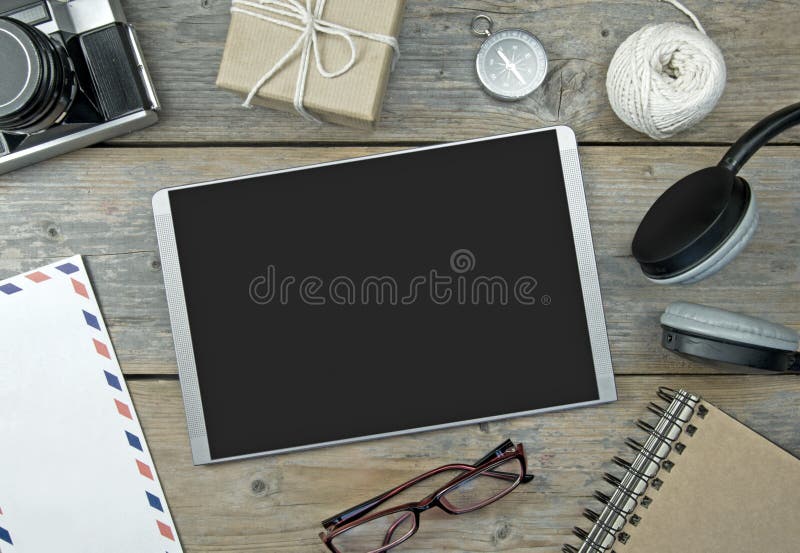 Digital Tablet with Flat Lay Objects Stock Photo - Image of equipment ...