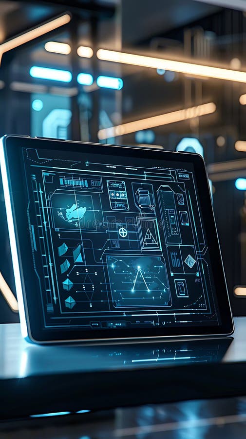 Digital Tablet in Futuristic Office Displaying Advanced Tech Plans ...