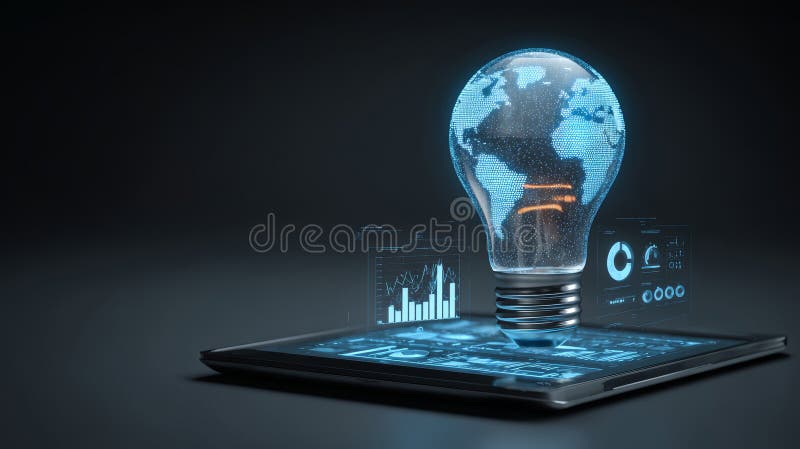 Digital Tablet with Glowing Light Bulb Showing World Map and Data ...