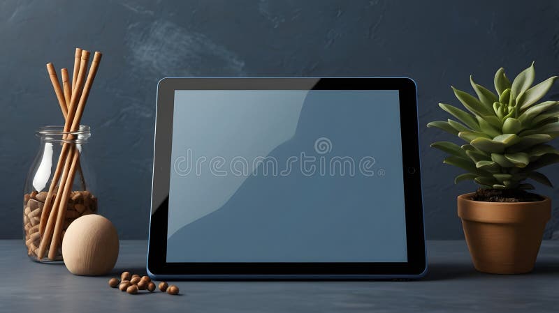 Digital Tablet with Green Plant and Decorative Items on Dark Blue Wall ...