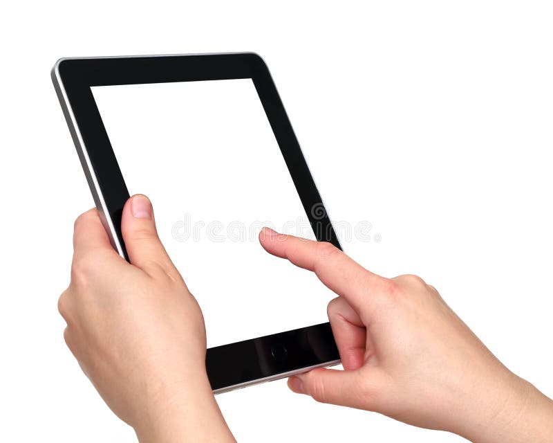 White Tablet with a Blank Screen in the Hands on Table Stock Image ...