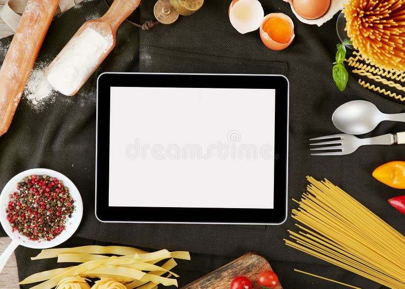 Digital Tablet and Ingredients Stock Photo - Image of pasta, cooking ...