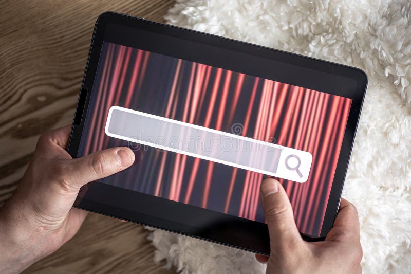 Digital Tablet with Internet Browser Search Bar on Screen in Male Hands ...