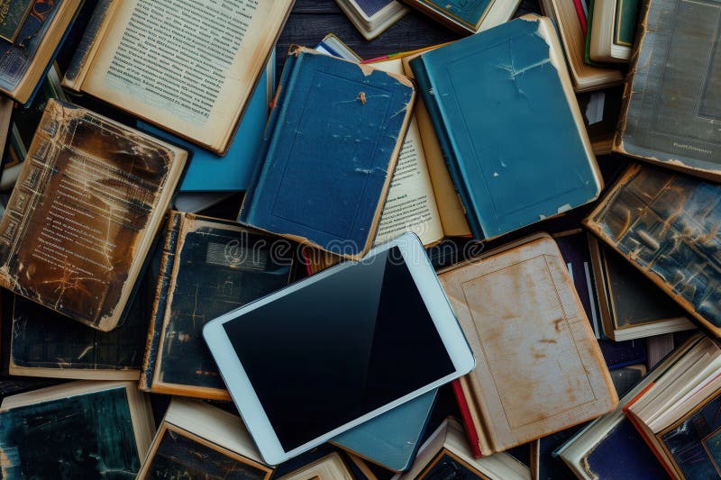 A Digital Tablet Lies Atop a Pile of Old Books, Representing the Shift ...