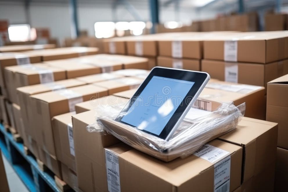 The Digital Tablet Lies on Boxes Unloaded from a Cargo Minibus in Front ...