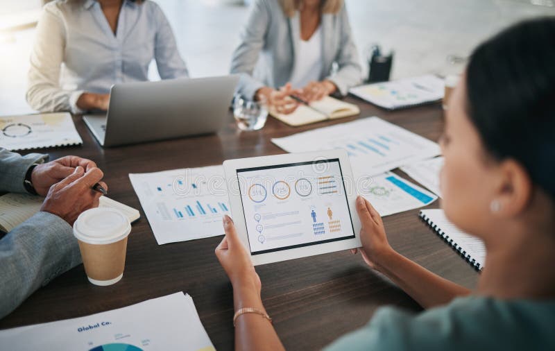 Digital Tablet, Meeting and Business People with Paperwork Planning a ...