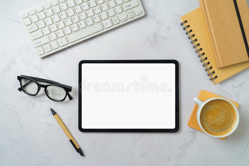 Digital Tablet Mock Up Coffee Cup Notebooks And Computer Keyboard On