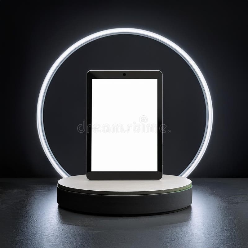 Digital Tablet Mockup on Circular Podium with Dark Background. 3D ...