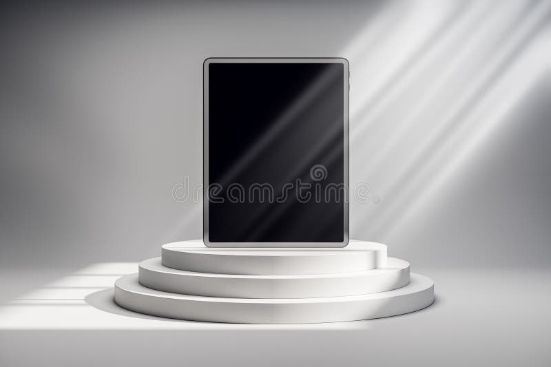 Digital Tablet Mockup on a Round Podium with Sunlight Beams on a Grey ...