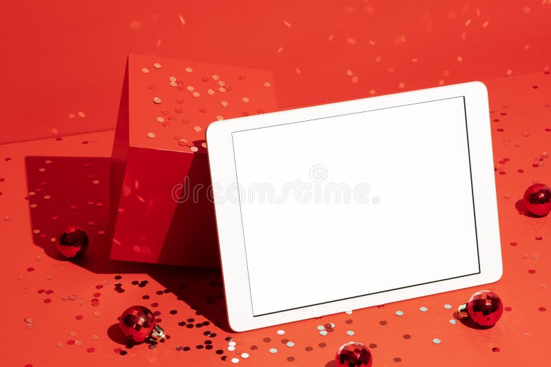 Digital Tablet Mockup, Template on Red Christmas Background Stock Image ...