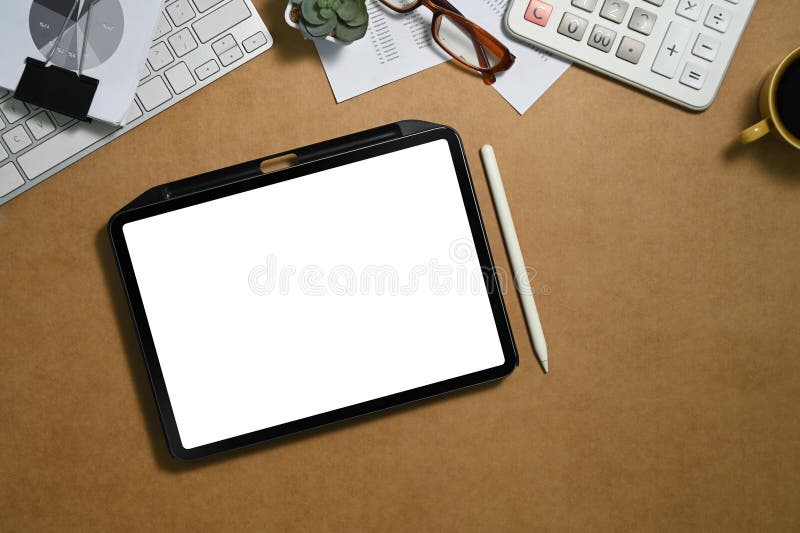 Digital Tablet on Office Desk with Calculator, Glasses and Documents ...