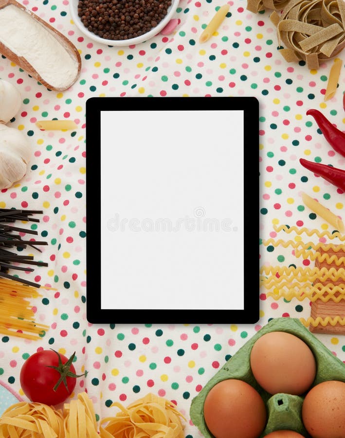 Digital Tablet, Pasta and Ingredients Stock Image - Image of food ...