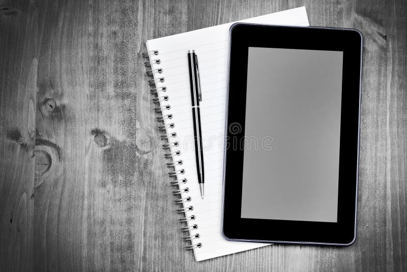 Digital Tablet Pc and Notebook on Desk Stock Photo - Image of device ...