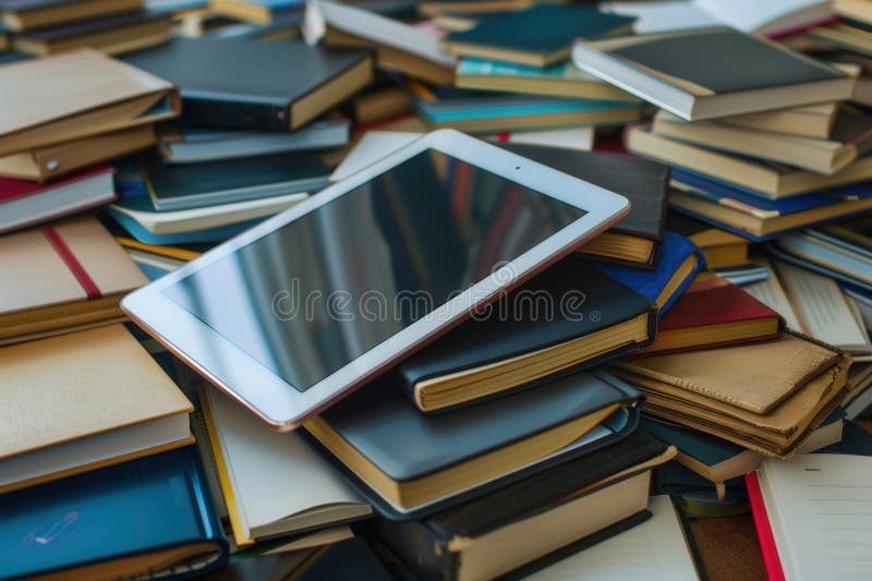 A Digital Tablet Rests on Top of a Stack of Traditional Textbooks ...