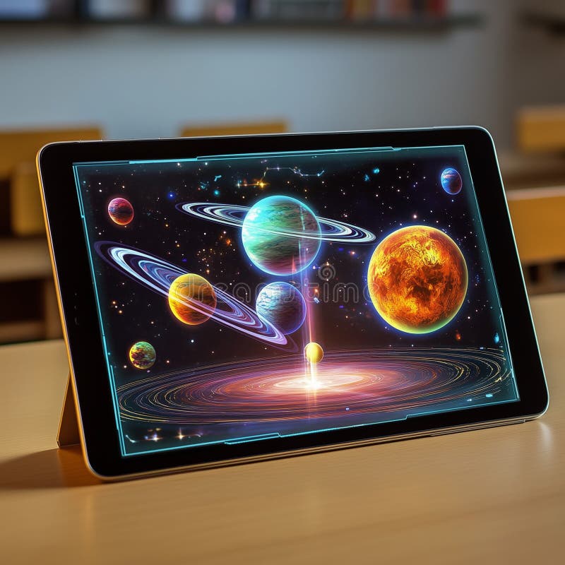 Digital Tablet Showcasing a Colorful Solar System with Planets and ...