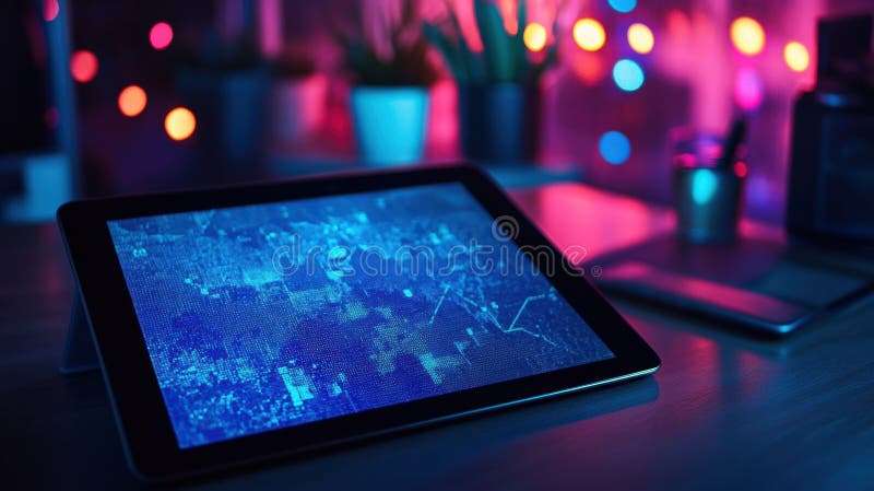 Digital Tablet Showing Futuristic Code in Neon Lit Room Stock Photo ...