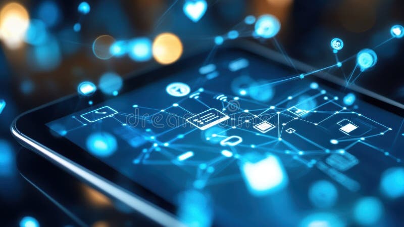 Digital Tablet Showing Futuristic Communication Network and Data Flow ...
