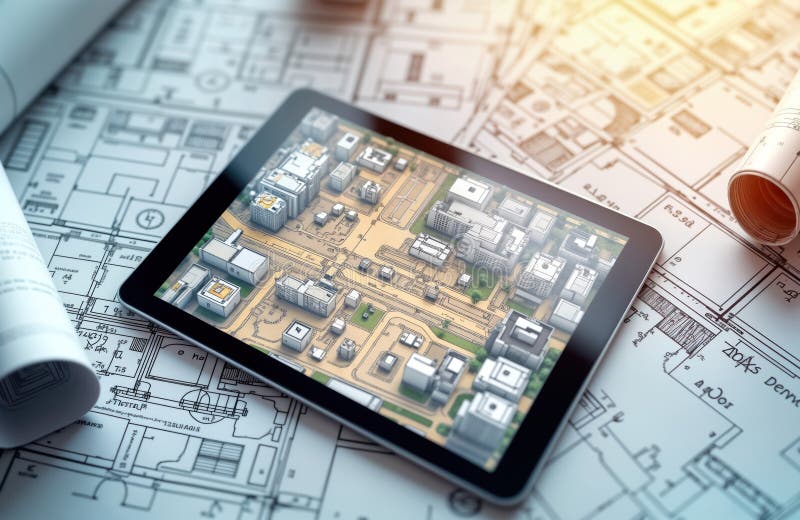 Digital Tablet Shows Urban Plan. Architectural Blueprints, Construction Documents Surround ...
