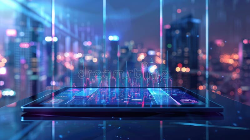 Digital Tablet on Sleek Glass Table Displaying Interactive 3D Financial ...