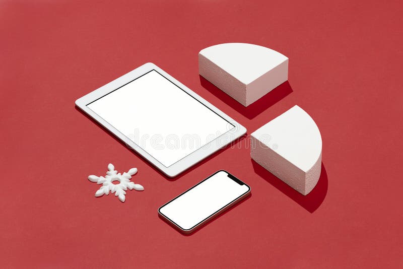 Digital Tablet and Smart Phone Mockup with White Geometric Shapes on ...