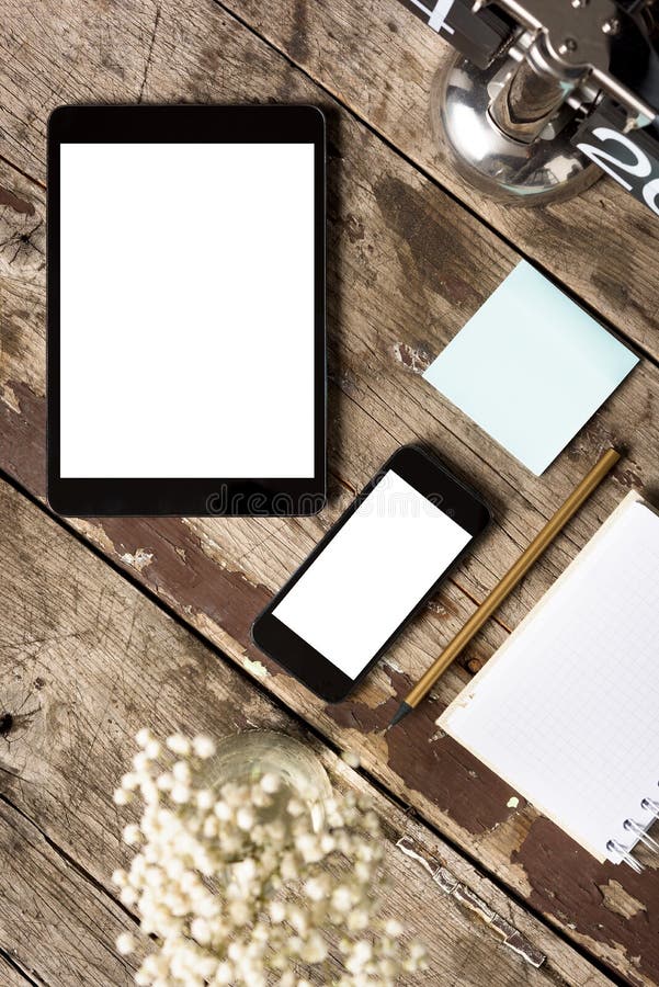 Digital Tablet and Smart Phone on Wooden Table Stock Photo - Image of ...