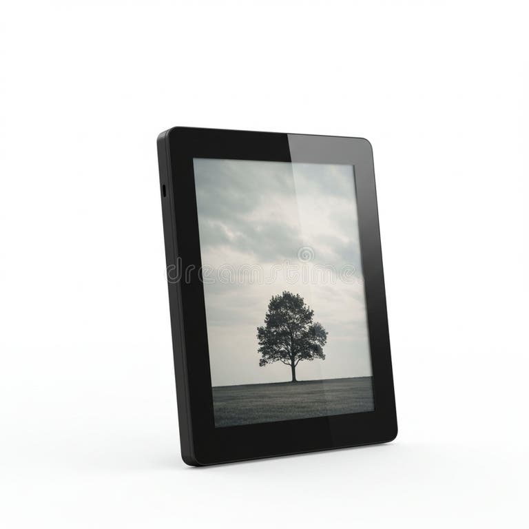 A Digital Tablet Stands Upright on a Plain White Surface. Its Screen ...