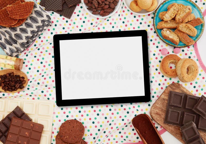 Digital Tablet, Sweets and Ingredients Stock Photo - Image of chef ...