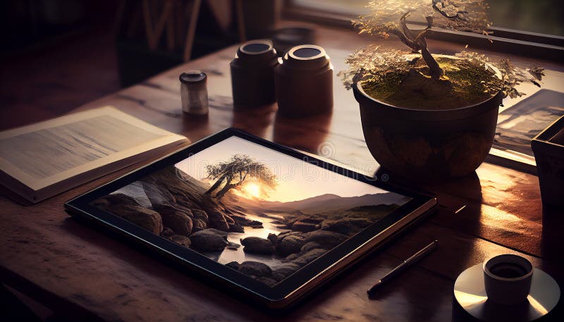 Digital Tablet Technology with Nature Landscape Scene ,generative AI ...