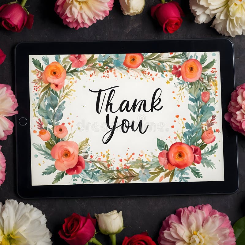 Digital Tablet with Thank You Message on Screen, Hand Tapping, and ...