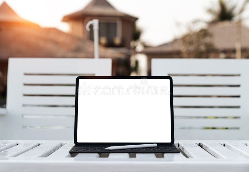Tablet White Screen on Table at Sunset Stock Image - Image of front ...