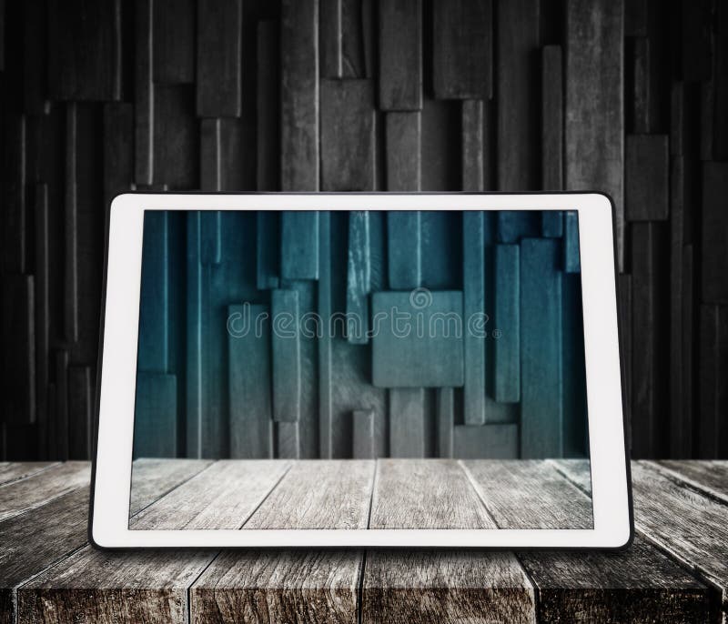 Digital Tablet on Wooden Desk with Dark Wood Background Stock Image ...