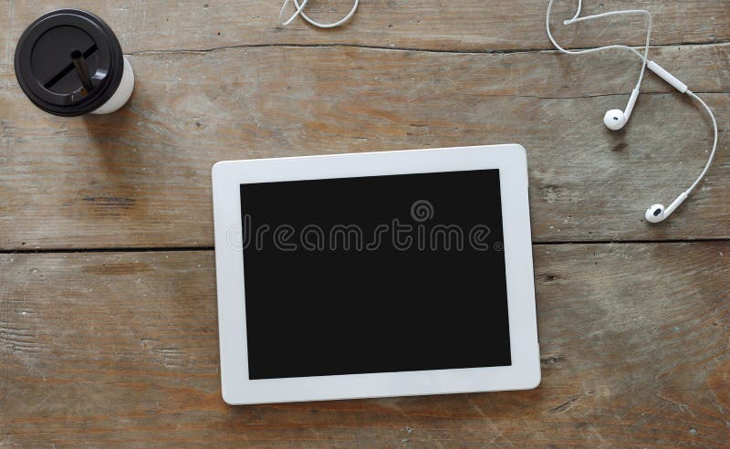 Digital Tablet Wooden Table Cafe Cup Coffee Top View Stock Photo ...