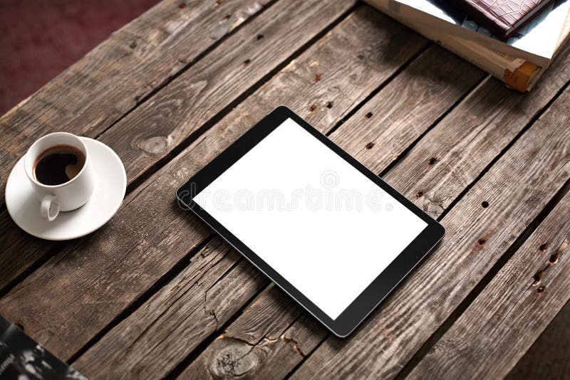 Digital Tablet on Wooden Table with Cup of Coffee Stock Image - Image ...