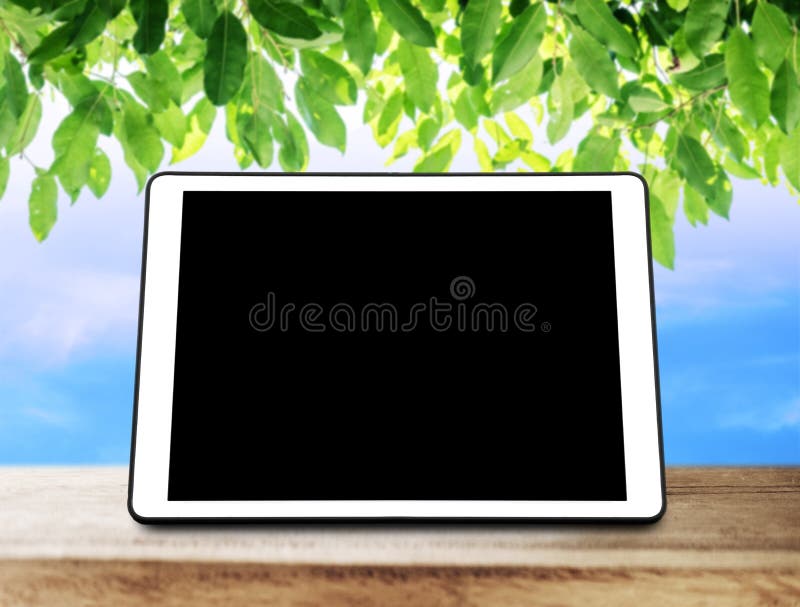 Digital Tablet on Wooden Table with Green Leaves and Blue Sky ...