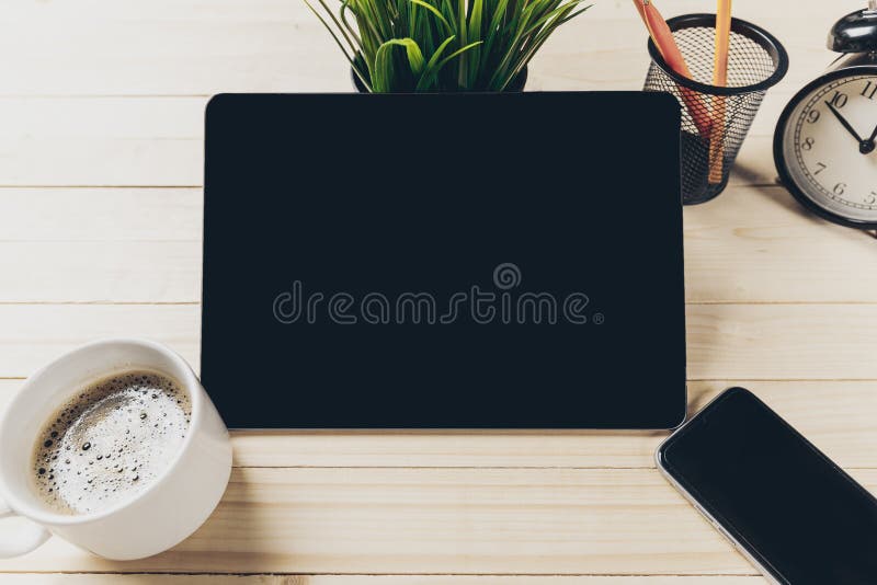 Digital Tablet on Wooden Table Stock Photo - Image of computer, mockup ...