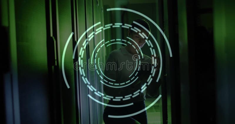 Digital Target Animation Over Person Using Tablet in Dark Server Room ...
